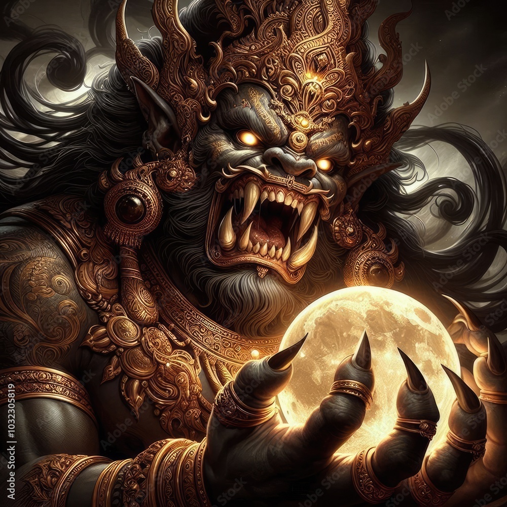 A powerful and fierce depiction of Rahu, the celestial deity, preparing ...