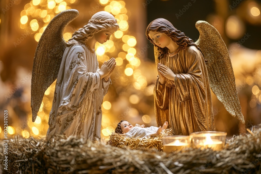 Nativity scene with angels praying beside baby Jesus surrounded by warm ...