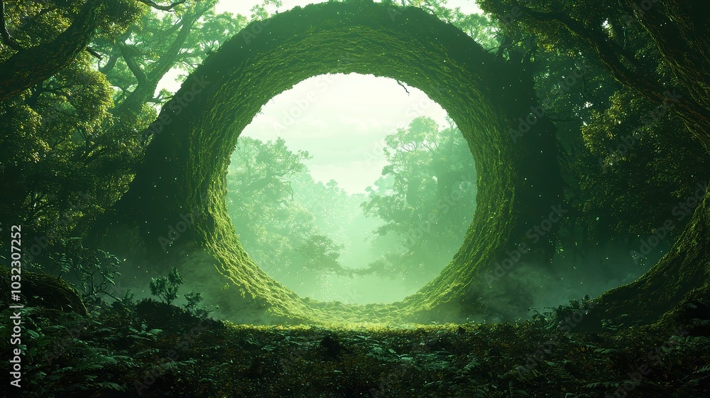 Raster illustration of a magical portal in a clearing in the forest ...
