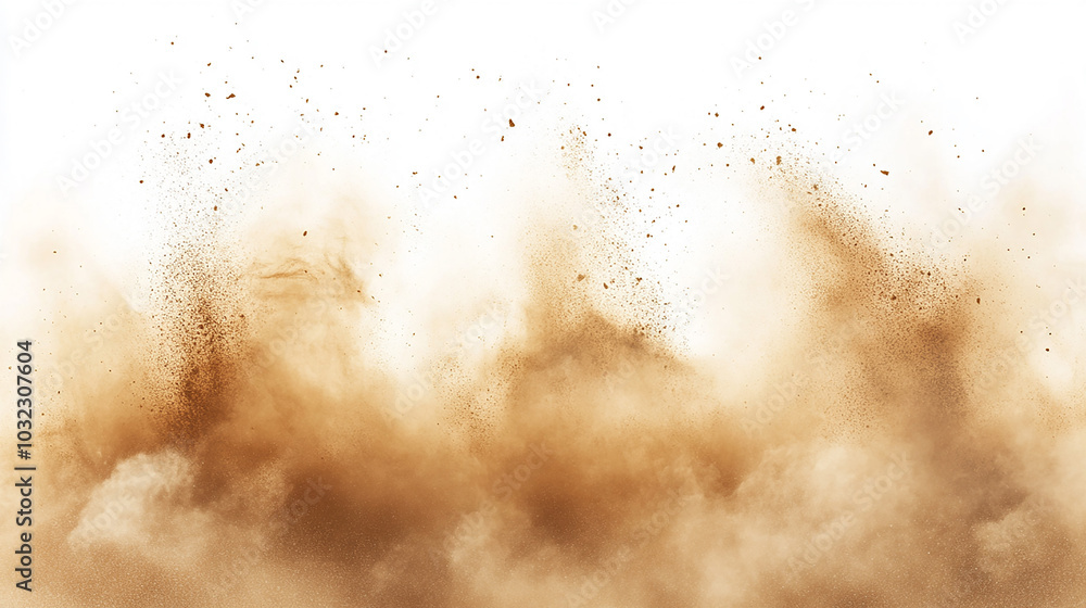 Splash of sandstorm sand dust cloud flying particles isolated on white ...