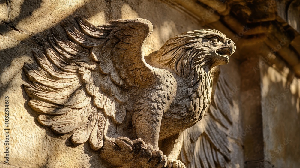 Stone relief of lion and eagle in combat muscles and feathers ...