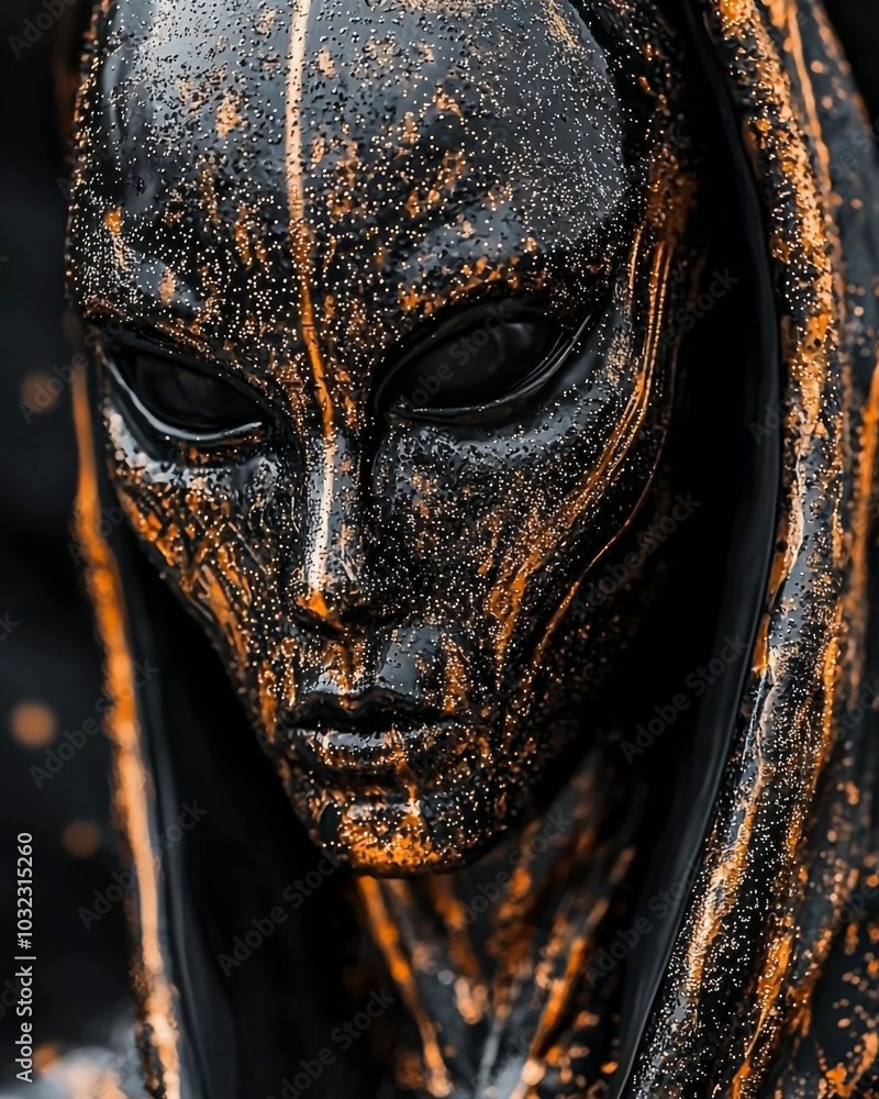 The image features a striking black and gold alien-like figure with an ...