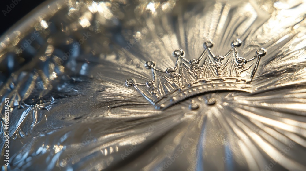 Zoomed-in silver coin with crown and rays showing fine lines in bright ...