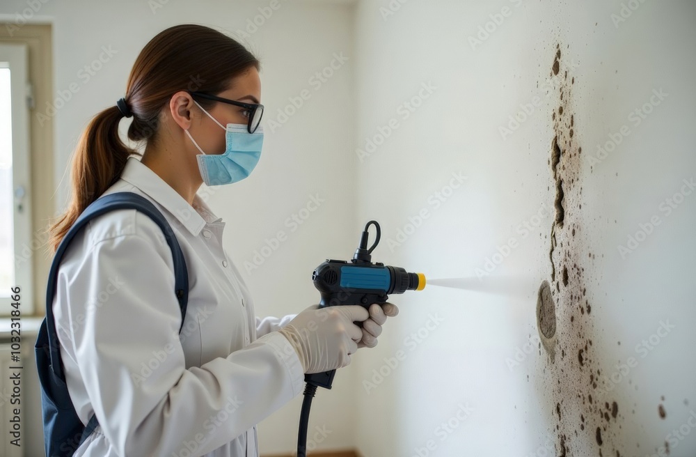 Professional in protective gear uses a spray gun with a special ...
