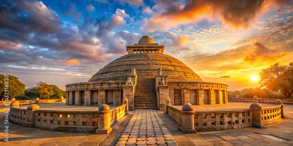 Sanchi Stupa at Sunset, Madhya Pradesh: The ancient Sanchi Stupa bathed ...