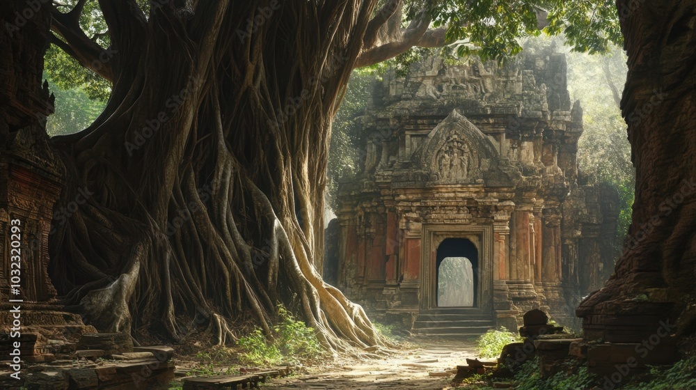 Indian banyan trees with thick trunks and roots intertwined with old ...