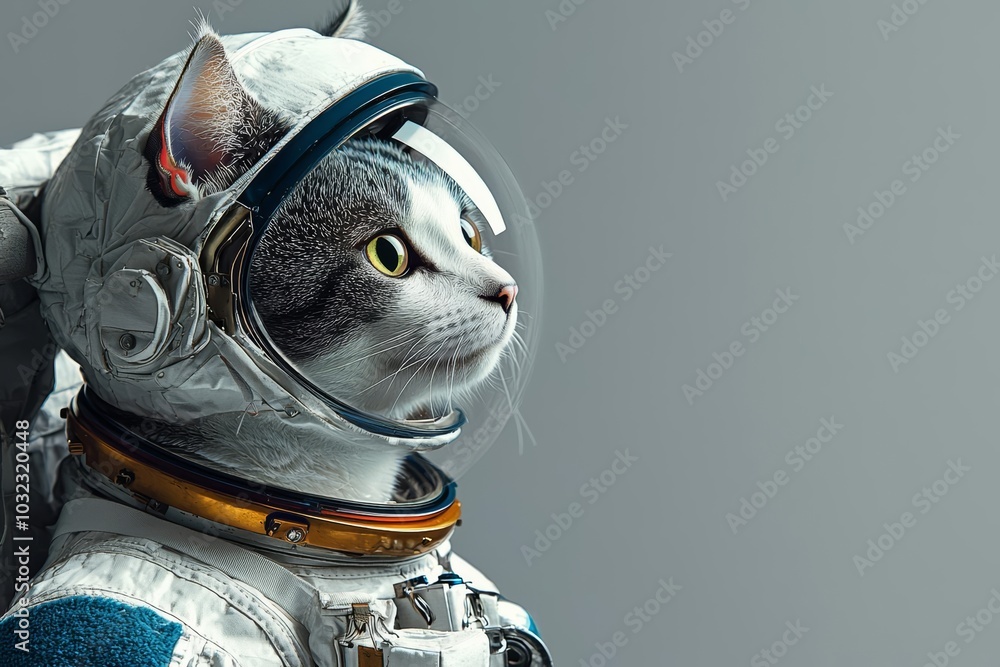 Funny cat astronaut in a space suit with a helmet on a gray background ...