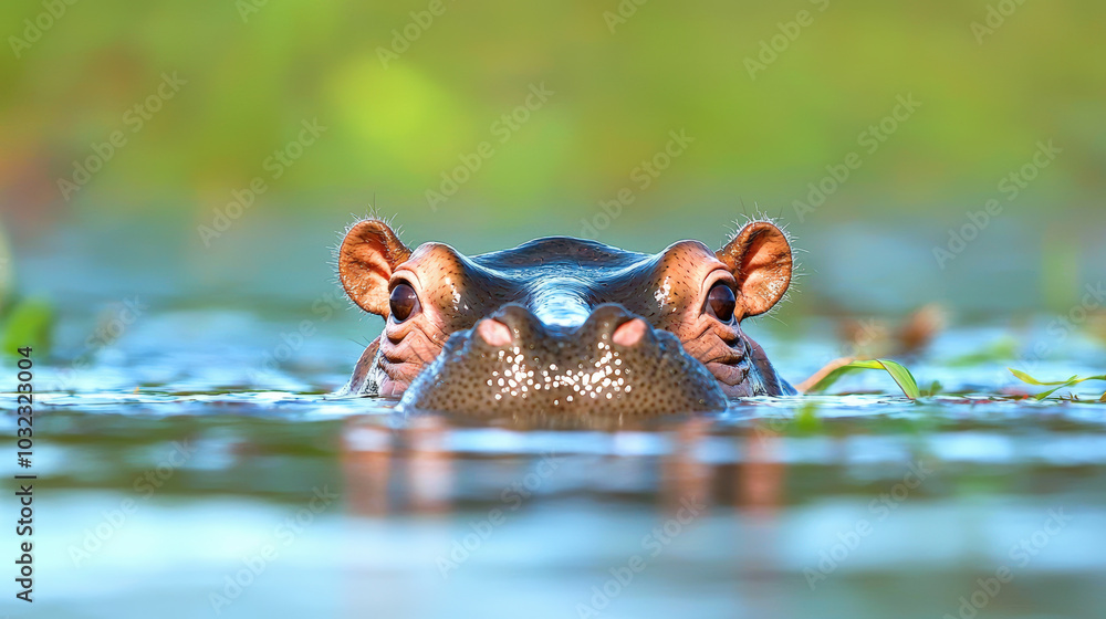 close up view of hippos face emerging from water, showcasing its large ...