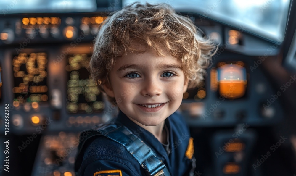 Happy kid dream job airplane captain in a pilot suit posing inside the ...