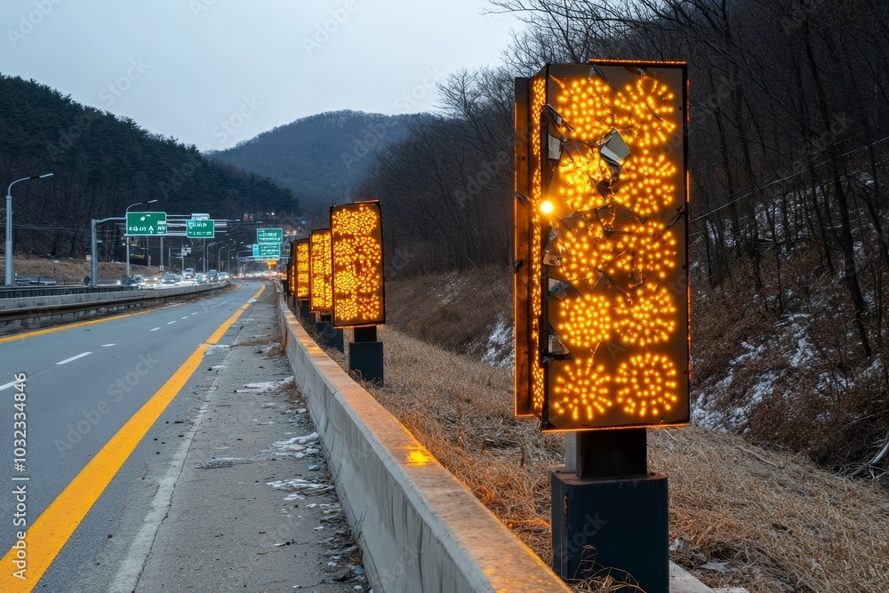 Abandoned highway glowing faintly, with broken signs still emitting ...