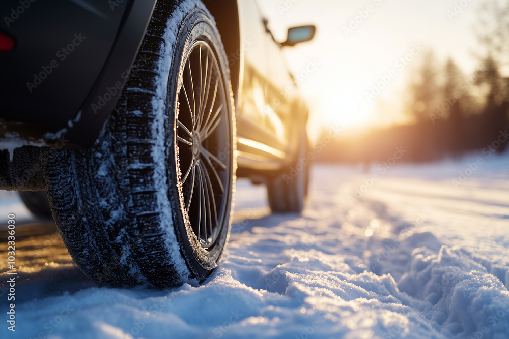Car on a winter road with snow, close-up of car wheels in motion Stock ...