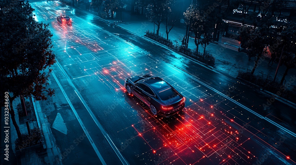 A high-tech car navigates a digital streetscape with glowing red and ...