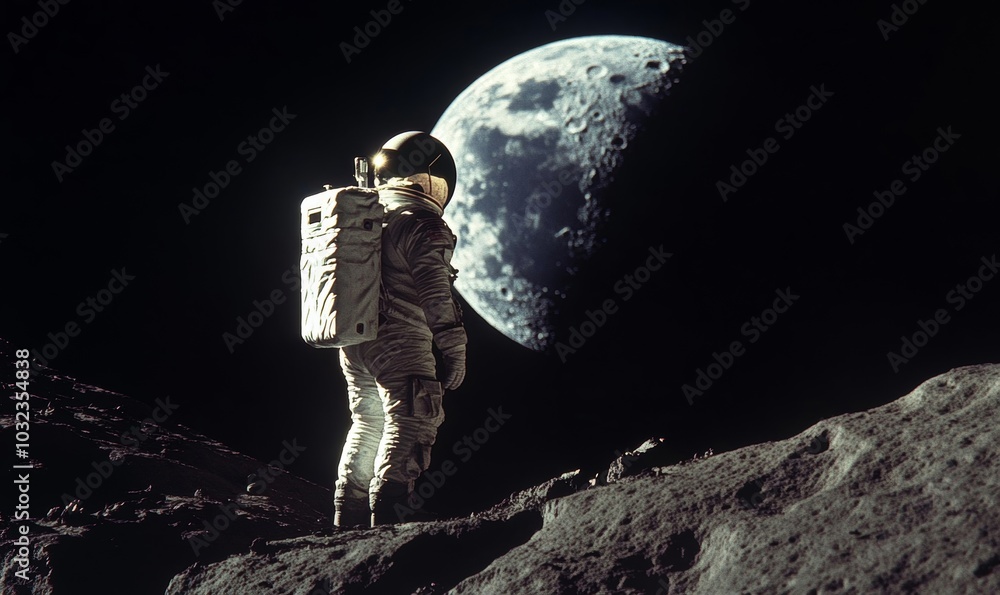 Lone astronaut gazes at Earth from the moon's surface, lost in contemplation of the vastness of ...