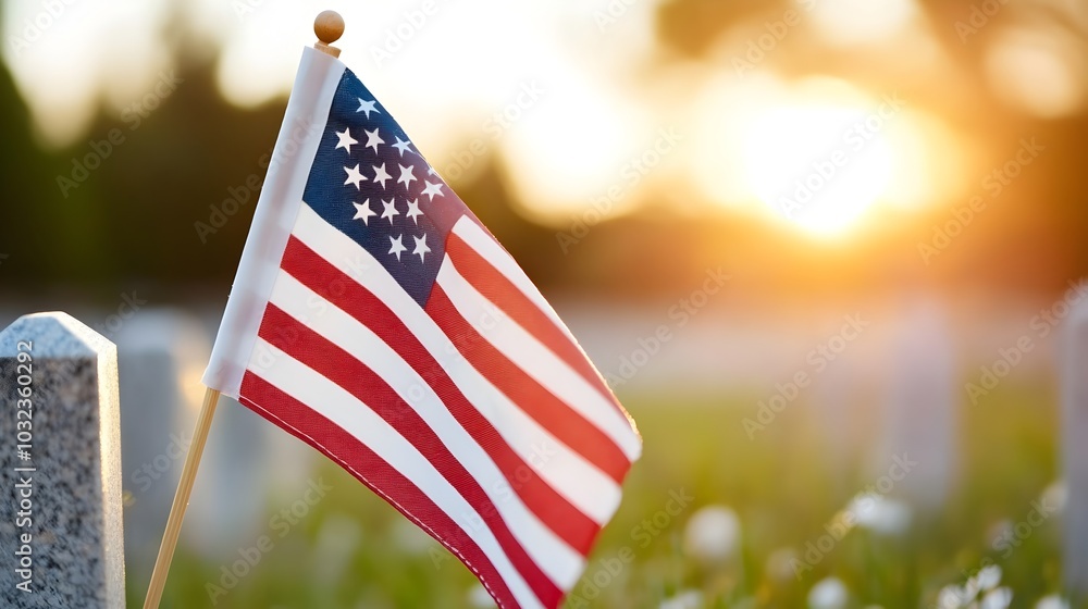 Lowered national flag flying at half mast in a military cemetery ...