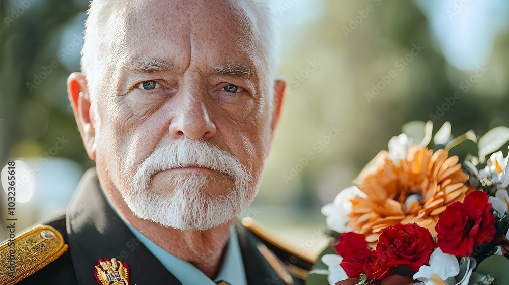 Veteran in uniform tenderly laying a wreath at a solemn remembrance ...