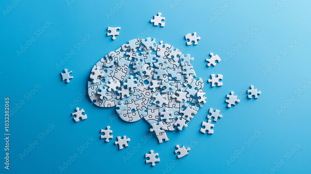 puzzle pieces arranged in the shape of human brain against a plain blue ...