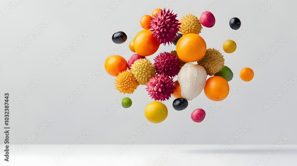 Suspended cluster of luscious rambutan lychee longan and jackfruit ...