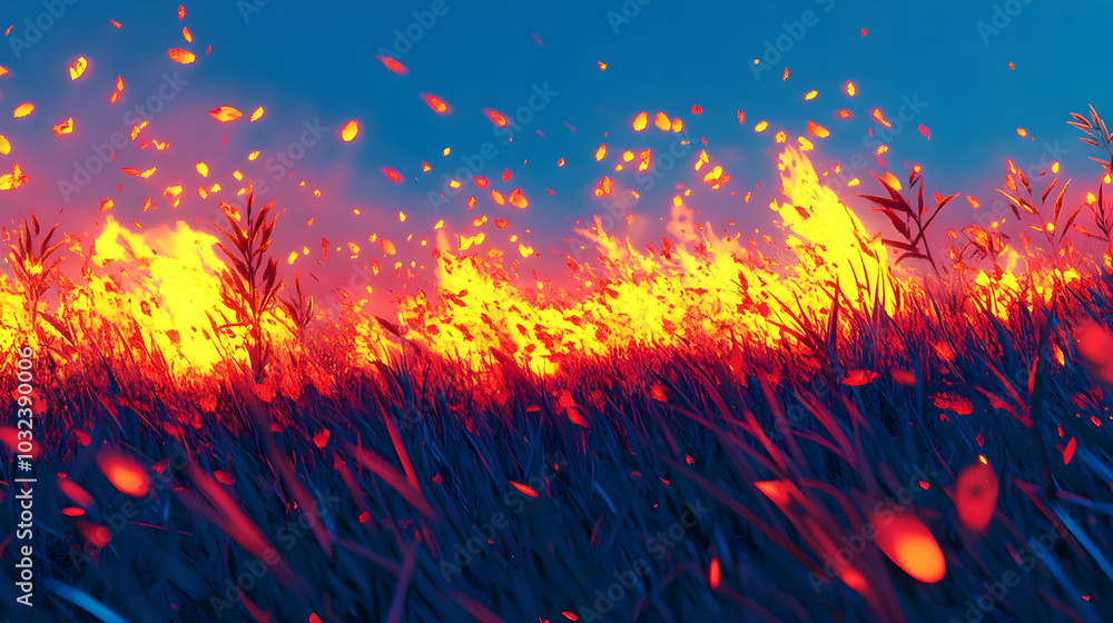 Blazing Grass Field with Falling Sparks in Twilight Sky - Abstract Fire ...