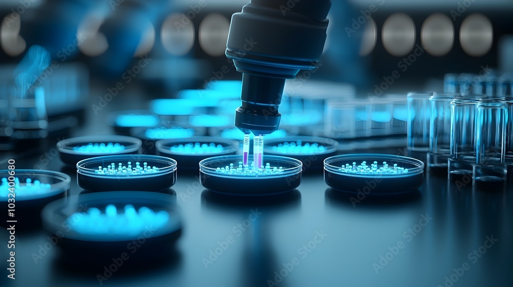 Futuristic scene of AI powered robotic drug screening and analysis in a ...