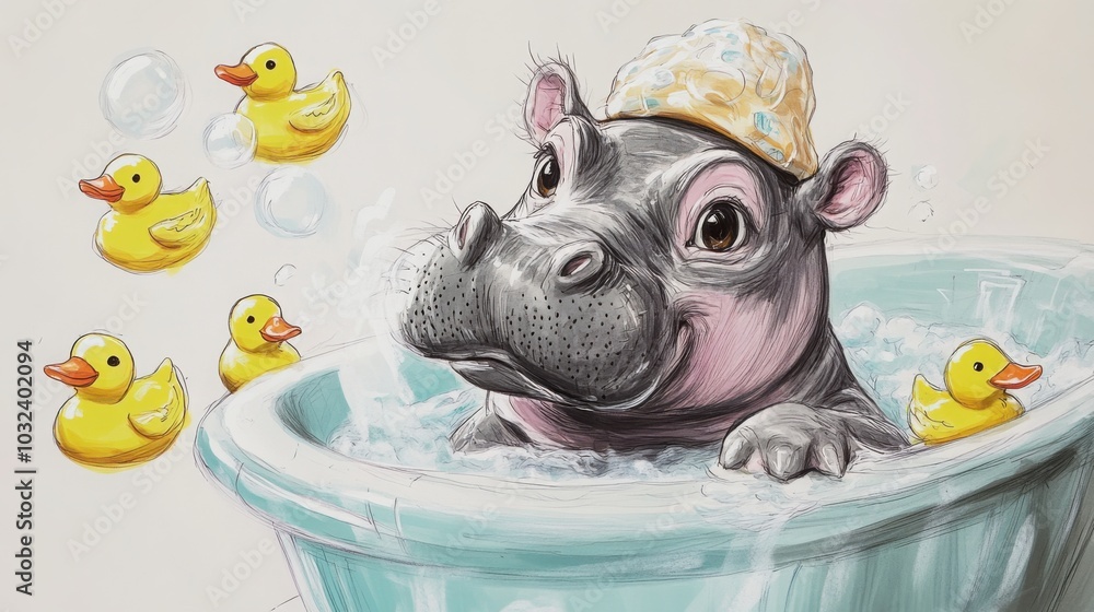 baby hippo in a bubble bath, blowing bubbles and wearing a shower cap ...