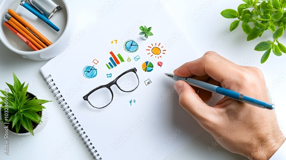 Handwritten icons depicting various business management data inspection ...