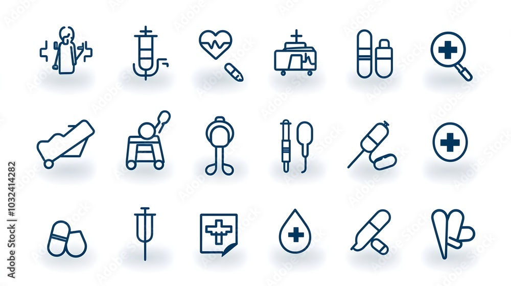 Comprehensive set of thin line icons depicting various health treatment ...