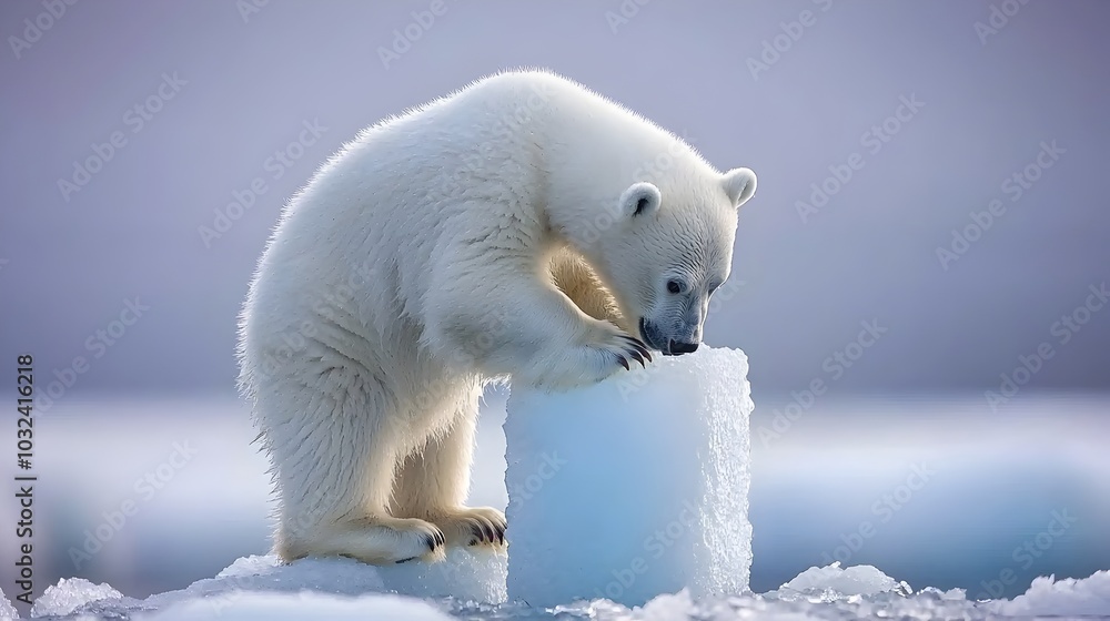 Photograph of a majestic polar bear standing on a shrinking ice floe a ...