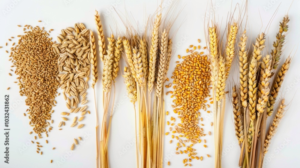 Various wheat stalks and grains displayed on a white background ...