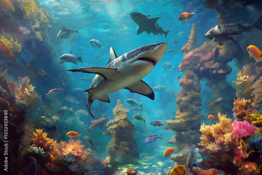 Sharks patrolling a coral reef with swarms of fish around the coral ...