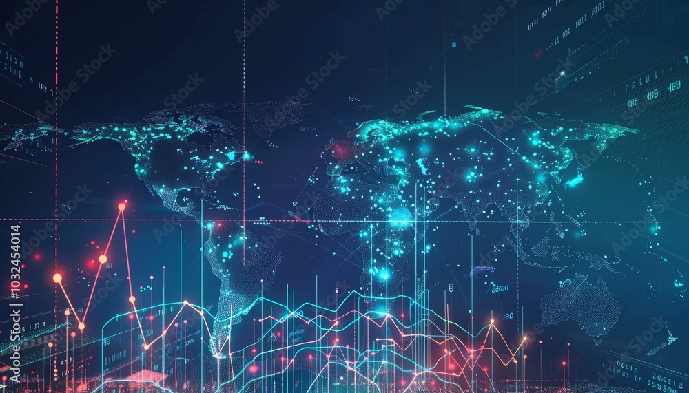 Global Network Data Visualization with World Map and Fluctuating Lines Stock Illustration ...