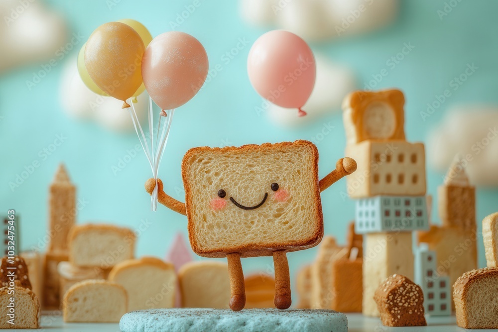 Cute cartoon bread character with balloons in a playful bread cityscape ...