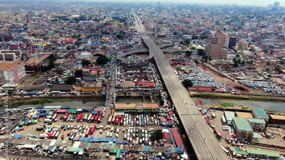 An aerial view a crowded city bus terminal station in Accra the capital ...