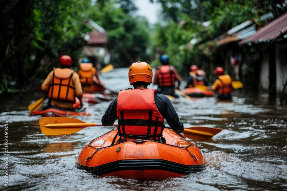Rescue teams navigating through floodwaters in boats, helping stranded ...
