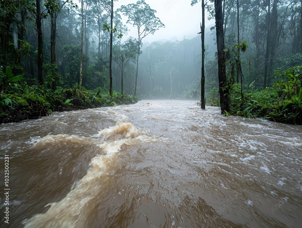 Flash floods rushing through a rainforest, uprooting trees and washing ...