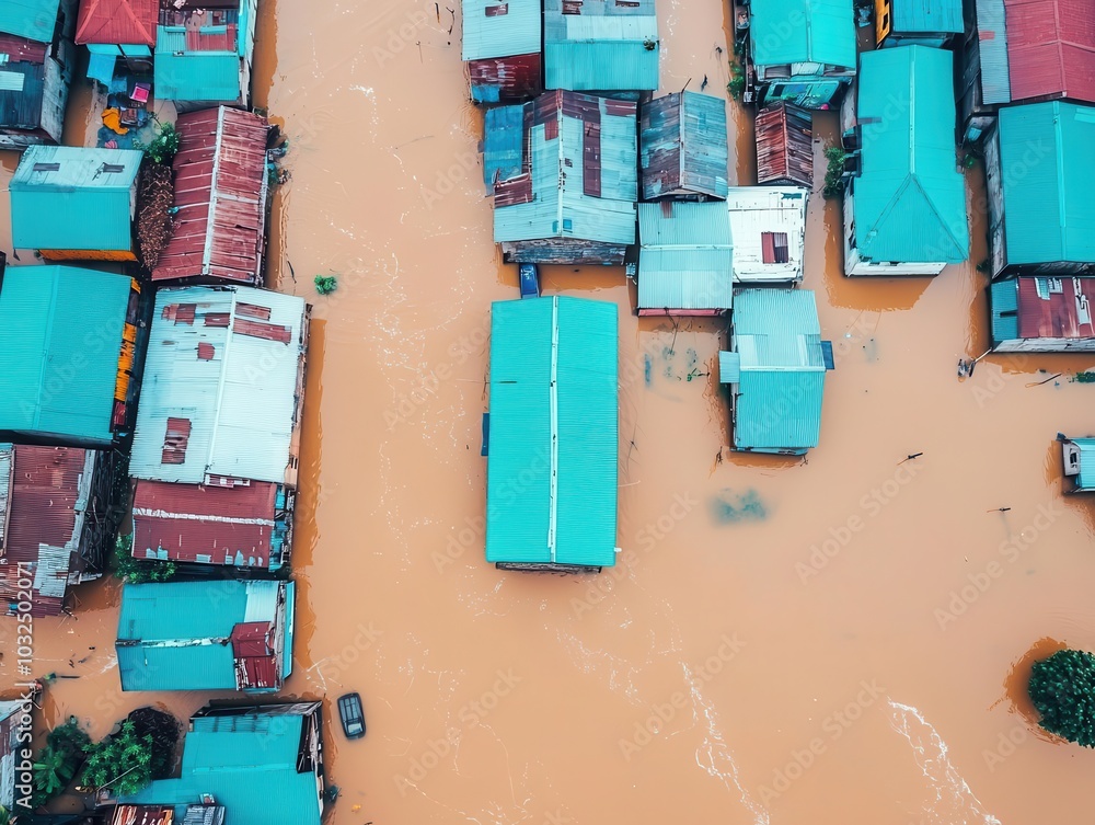 Flash floods sweeping through an urban slum, submerging homes and ...