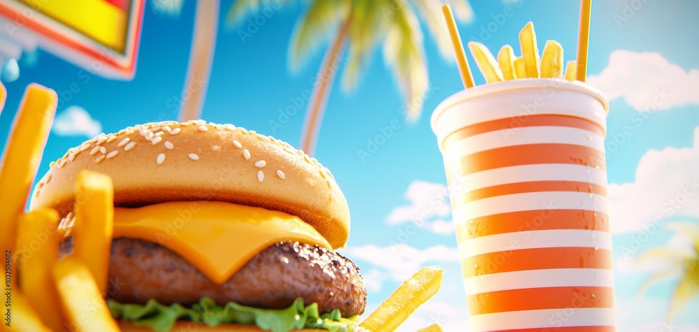 A fantasy city filled with giant burgers, fries, and drinks, creating a ...