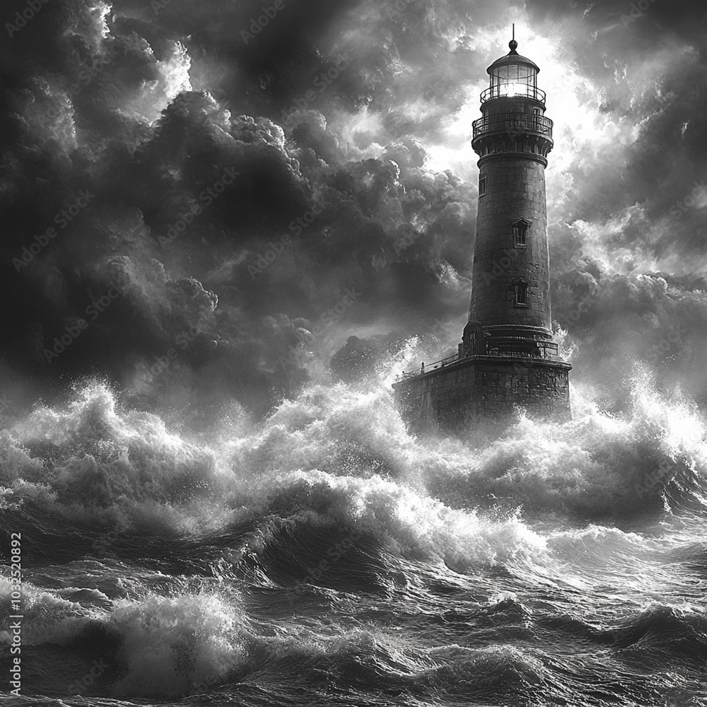 dramatic hand drawn sketch of lighthouse standing tall amidst stormy ...