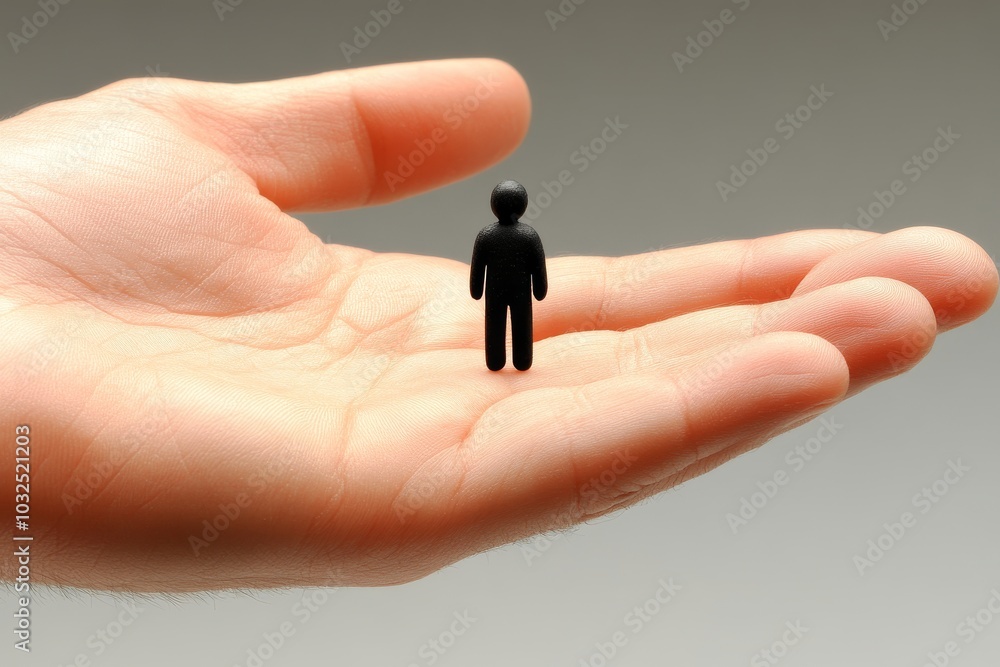 Giant hand holding a single human figure symbolizing protection power ...