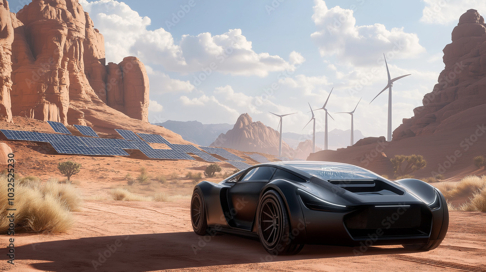 An electric car racing through a desert canyon, with solar panels ...
