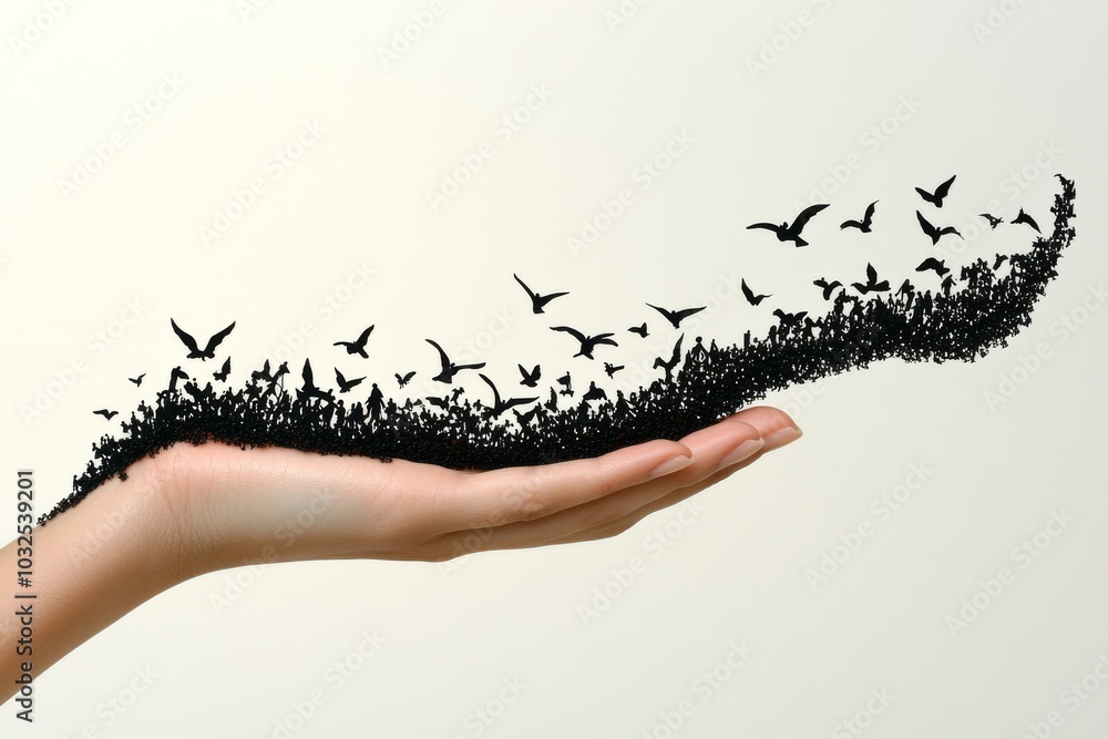 Hand releasing a wave of black silhouettes transforming into birds ...
