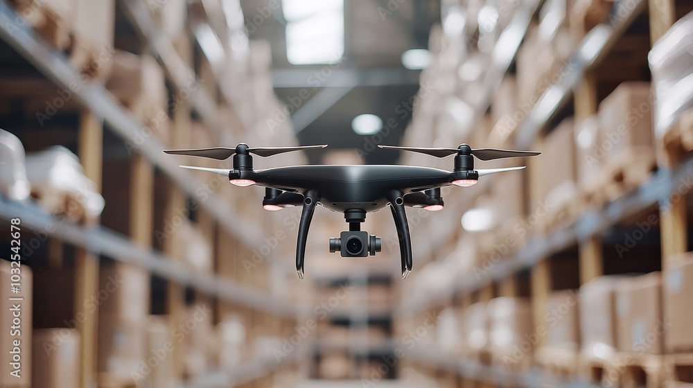 Automated warehouse drones scanning shelves, futuristic logistics solution Stock Illustration ...