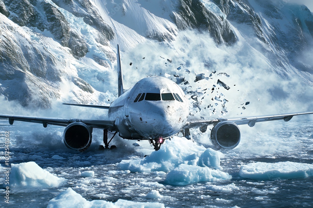 A dramatic scene of an aircraft encountering an icy landscape, flying ...