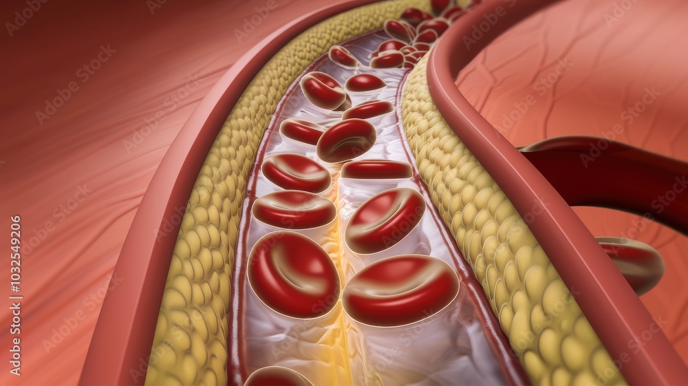 Illustration of human blood flow through arteries and red blood cells ...