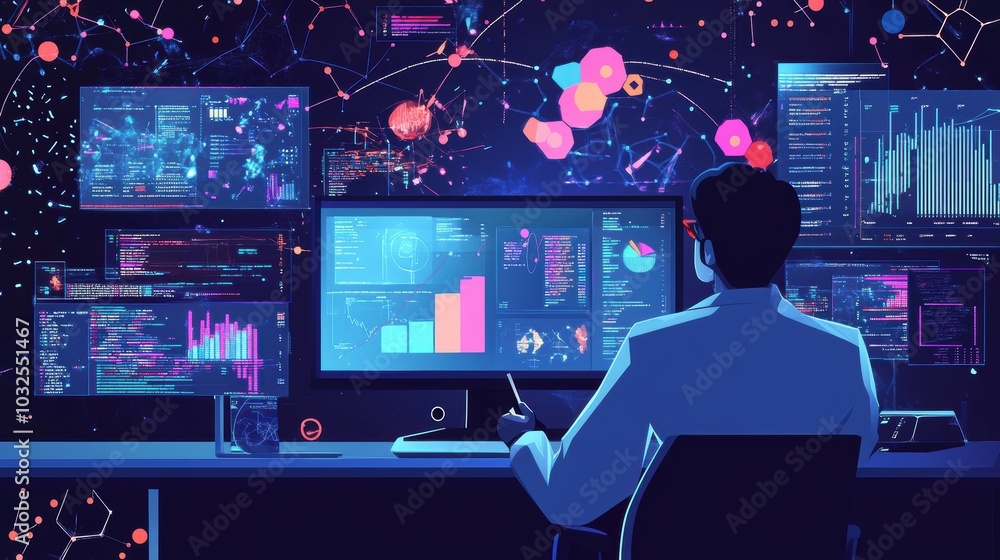 Data science and big data technology. Scientist computing, analyzing and visualizing complex ...