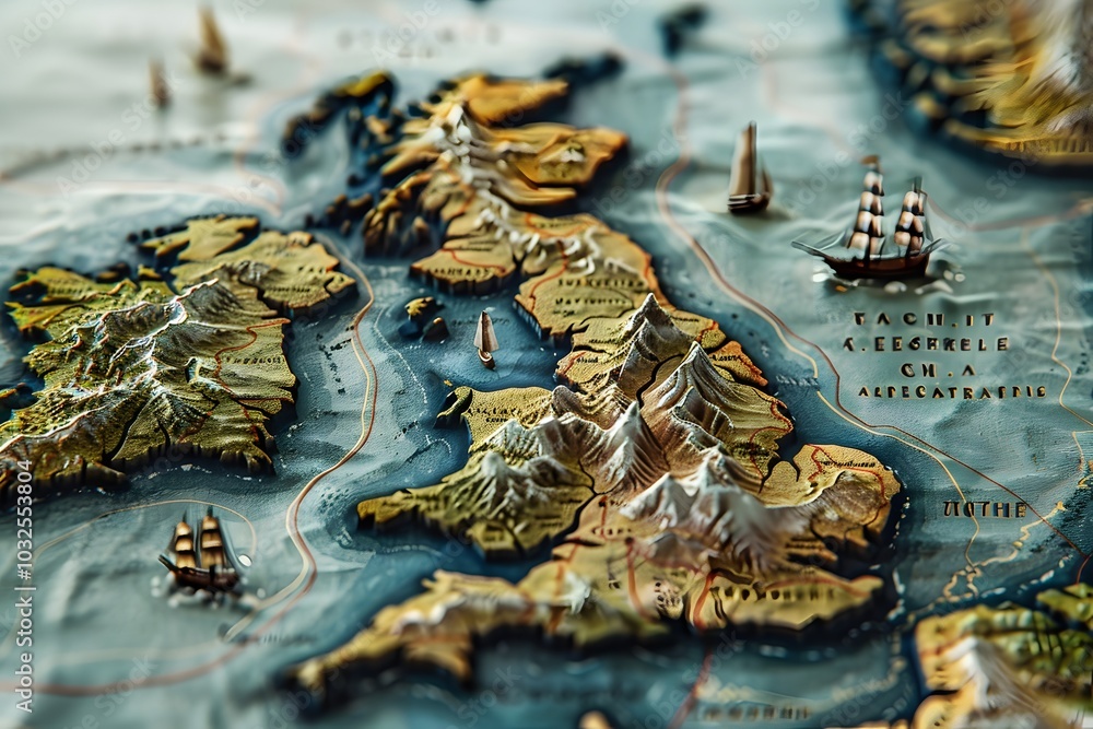 Detailed Topographic Map of the British Isles with Ships and Mountains ...
