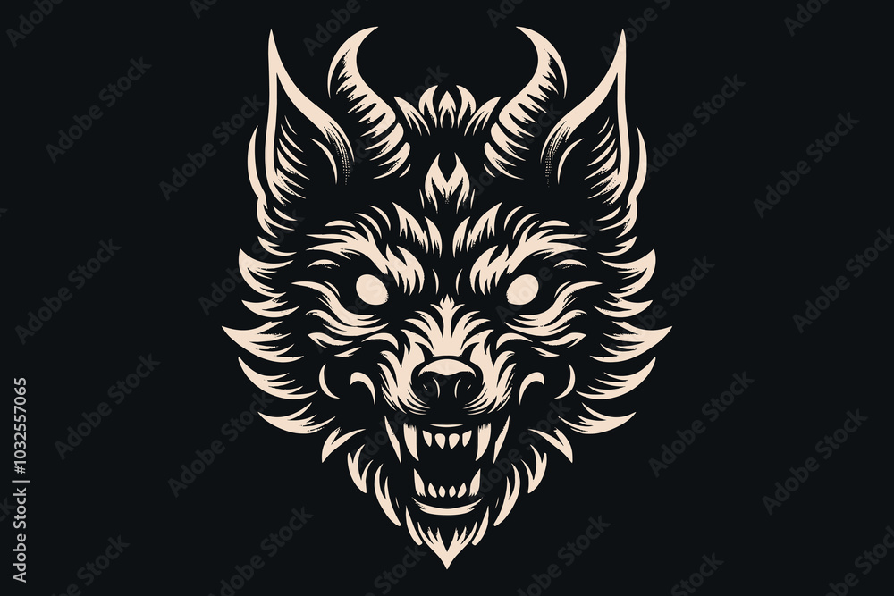 Evil wolf head. Demonic horned beast from hell. Vector illustration ...