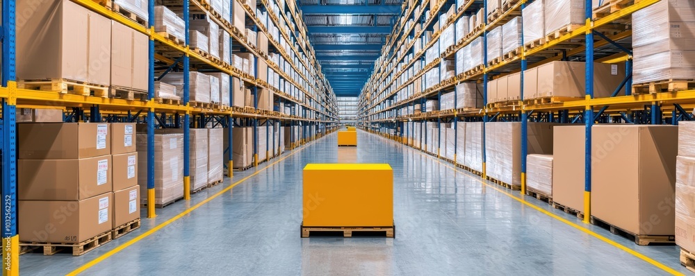 Multi-level warehouse layout with automated guided vehicles AGVs moving ...