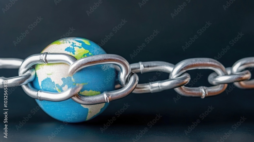 A globe ensnared in chains symbolizes the struggles of Earth in a ...