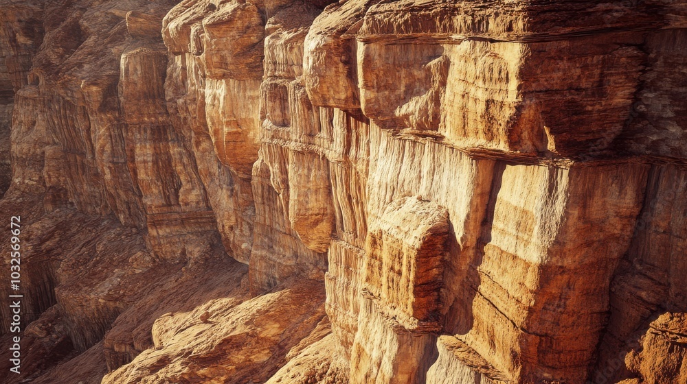Sandstone cliffs display layered textures under warm sunlight in a ...