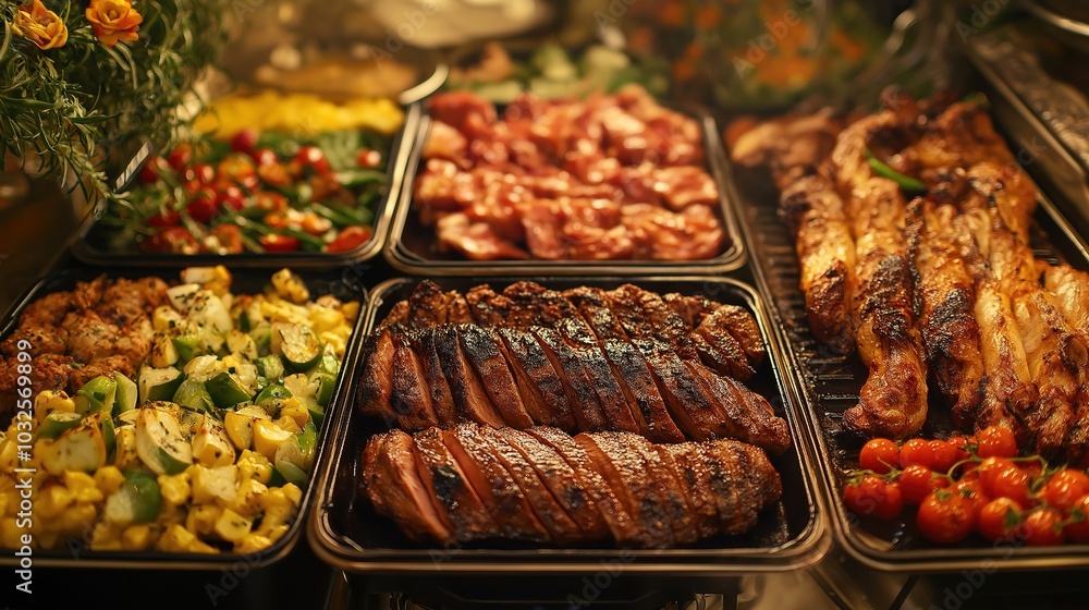 Elegant catering buffet with diverse gourmet dishes, grilled meats ...